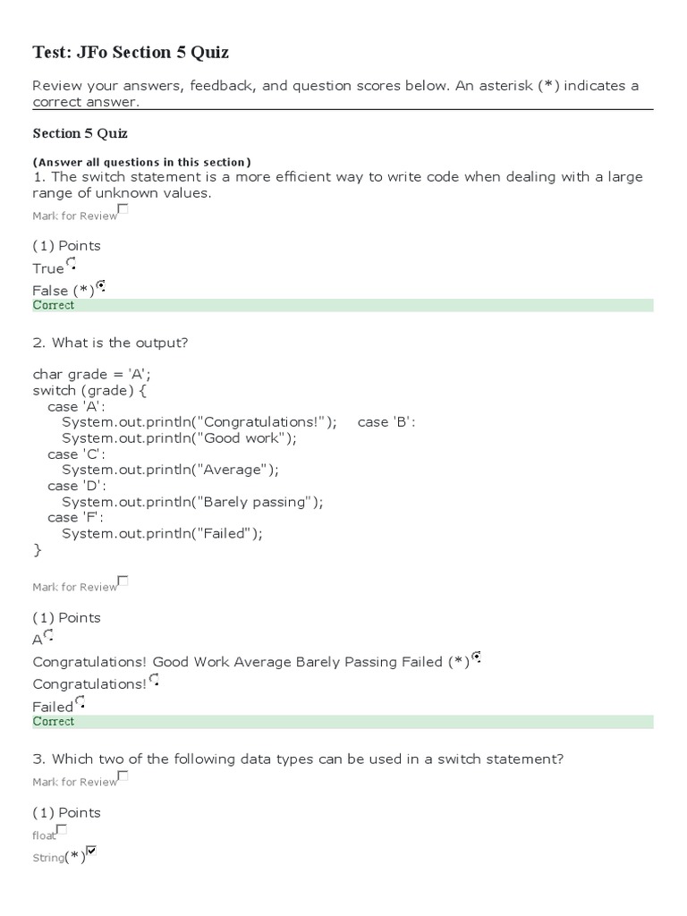 Review Of Java Programming Section 5 Quiz With Answers And Feedback Pdf Boolean Data Type