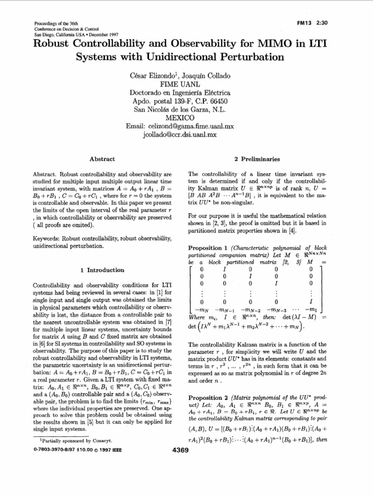 Robust Controllability And Observability For Mimo In Lti Systems Pdf Matrix Mathematics