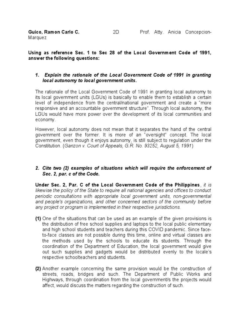 Explain The Rationale of The Local Government Code of 1991 in Granting ...