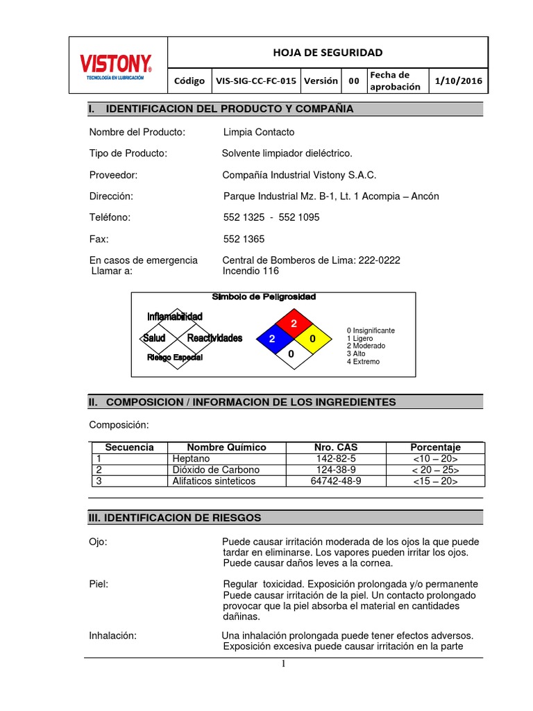 MSDS Limpia Contacto PDF | PDF | Toxicidad | Agua