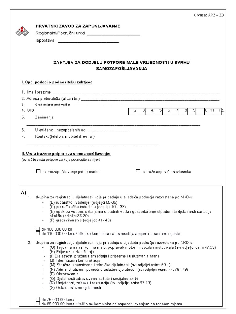 1 Obrazac Zahtjev Samozapošljavanje 7 2020 | PDF