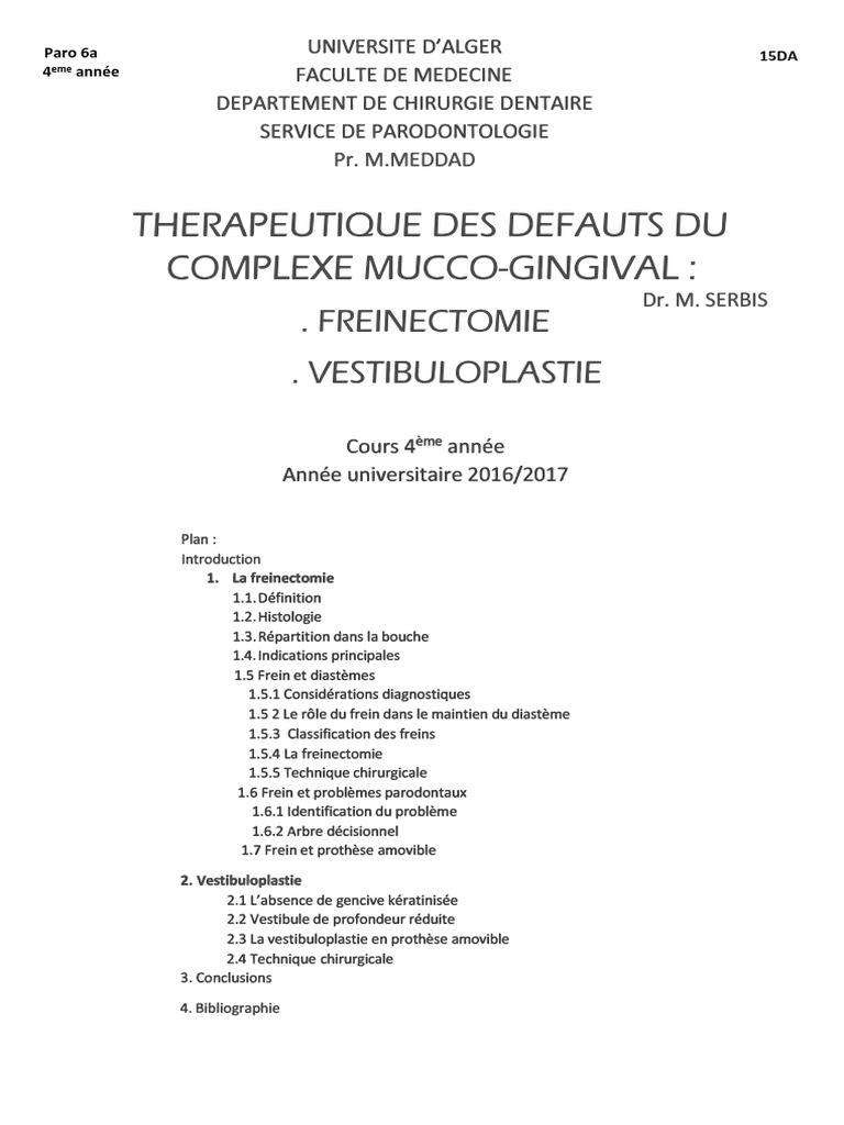 Freinectomie et vestibuloplastie en parodontologie | PDF | Dentiers ...