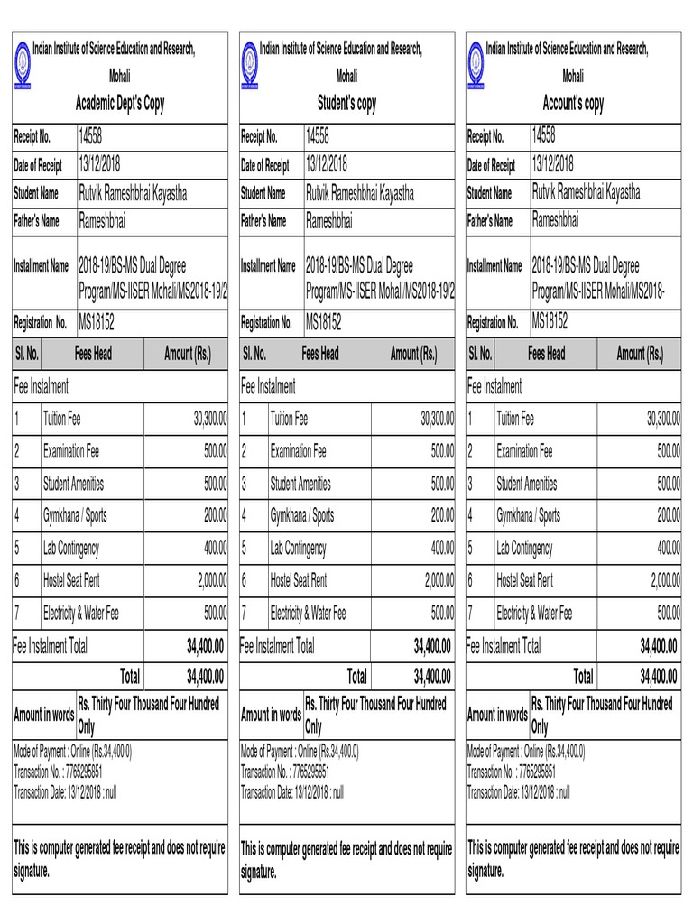 Academic Fee Receipt PDF | PDF | Financial Transaction | Receipt