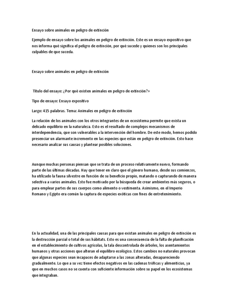 Ensayo Sobre Animales en Peligro de Extincion | PDF | Extinción | Ensayos