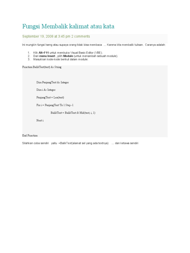 Fungsi VBA Membalik Teks di Excel | PDF | Metode & Bahan Ajar