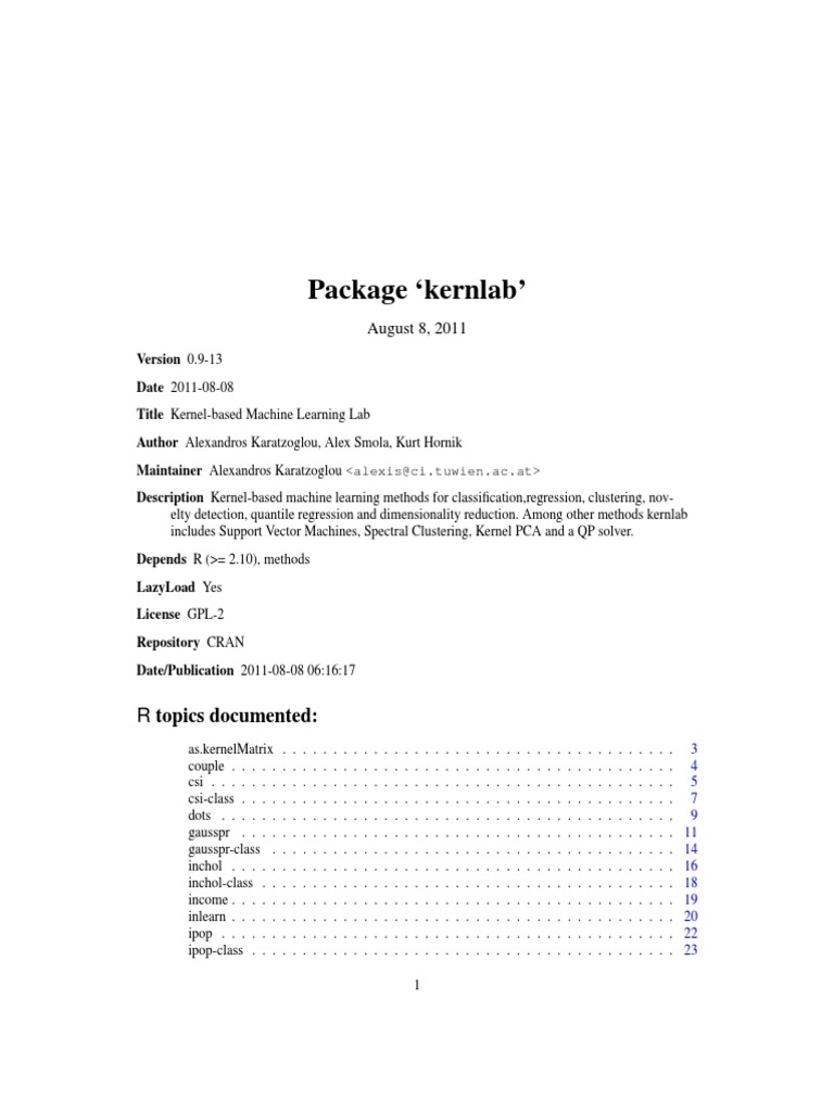 Package Kernlab': R Topics Documented | PDF | Function (Mathematics ...