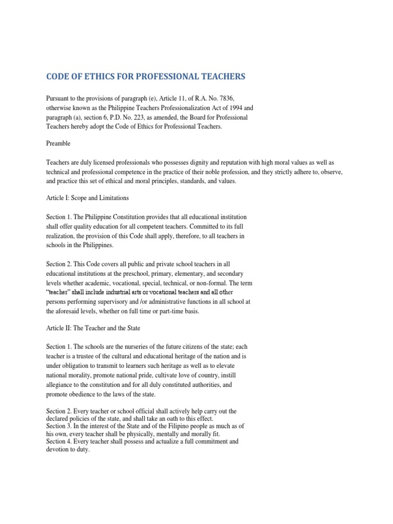 CODE OF ETHICS FOR PROFESSIONAL TEACHERS-EValenzuela-S2-V2 PDF | PDF ...