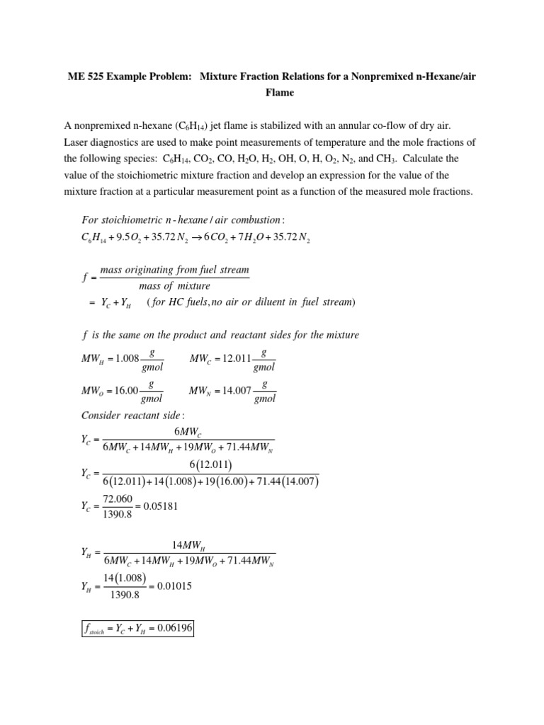 ME 525 Example Problem: Mixture Fraction Relations For A Nonpremixed N ...
