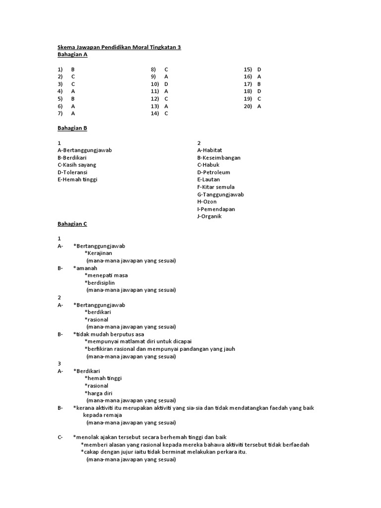Skema Jawapan Pendidikan Moral Tingkatan 3 | PDF