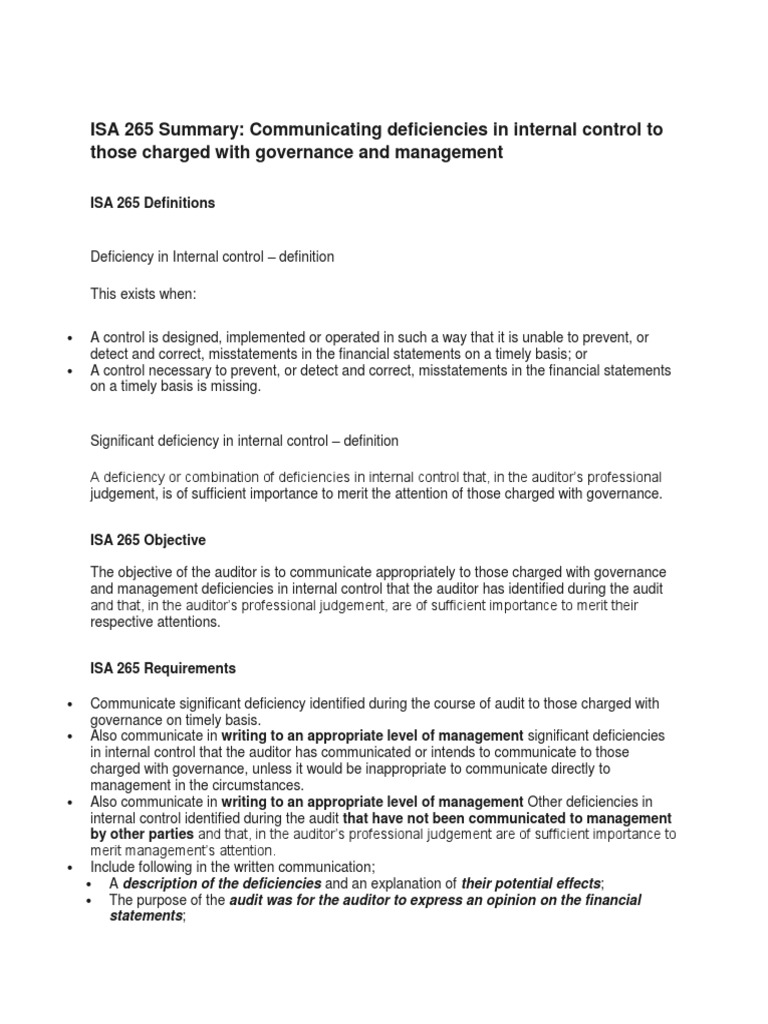 ISA 265 Summary: Communicating Deficiencies in Internal Control To ...