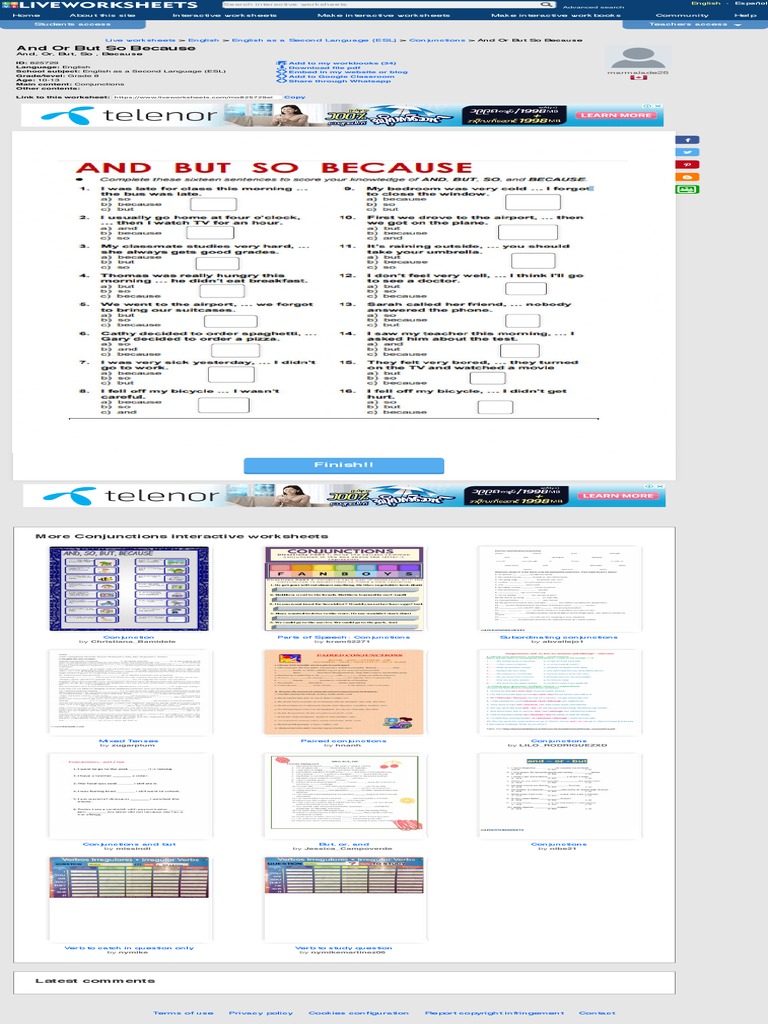 And or But So Because - Interactive Worksheet | PDF | English As A ...