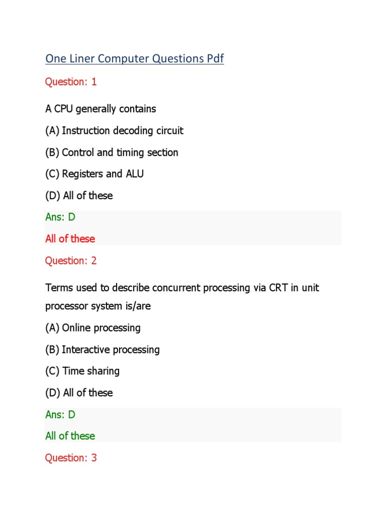 One Liner Computer Questions PDF | PDF | Teaching Methods & Materials ...