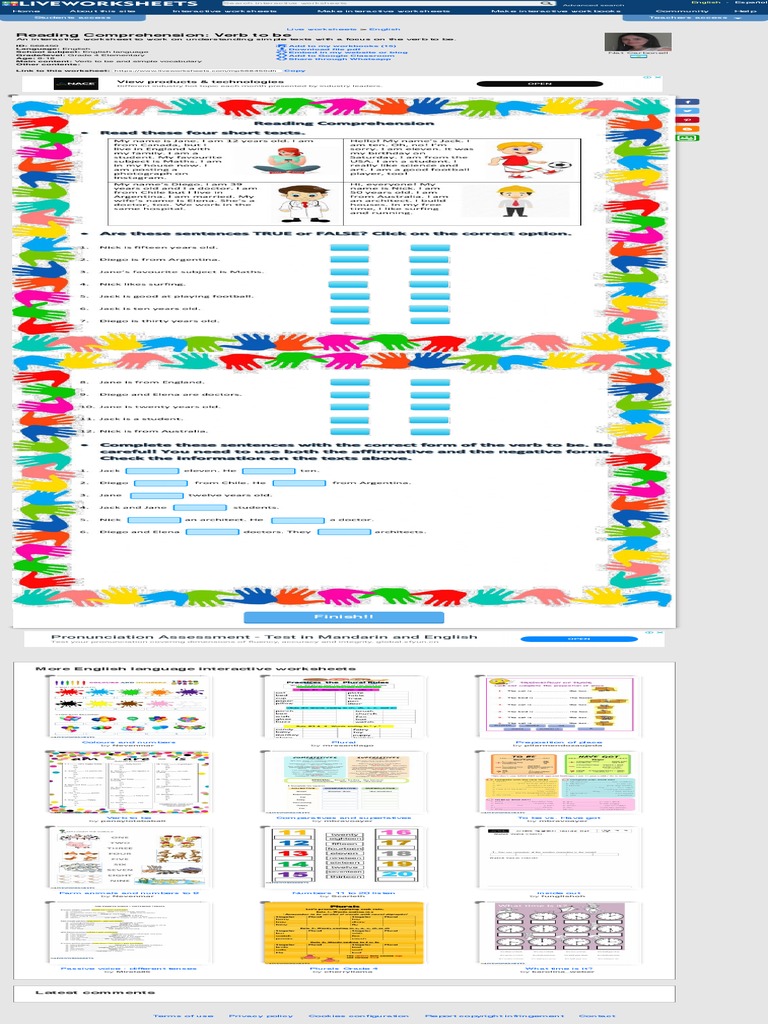 Reading Comprehension: Verb To Be - Interactive Worksheet | PDF ...