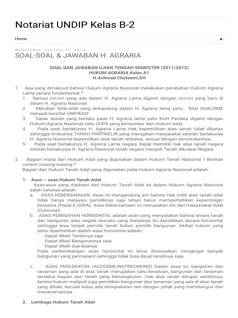Notariat Undip Kelas B 2 Soal Soal And Jawaban H Agraria Pdf 