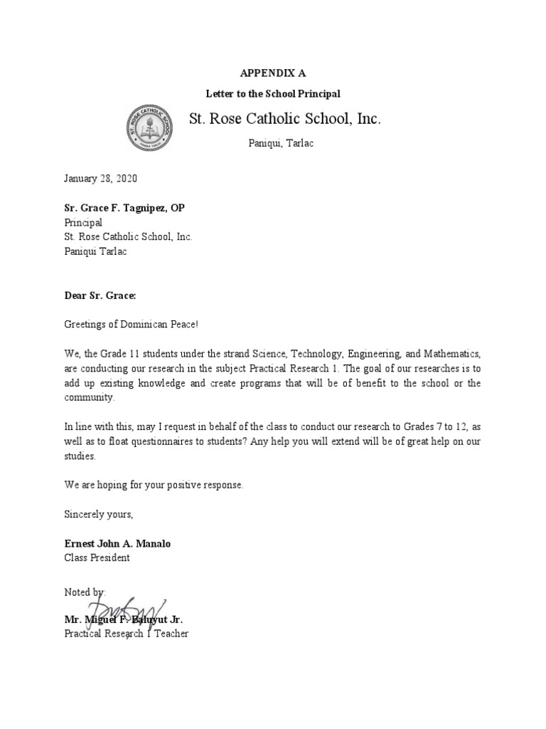 St. Rose Catholic School, Inc.: Appendix A Letter To The School ...