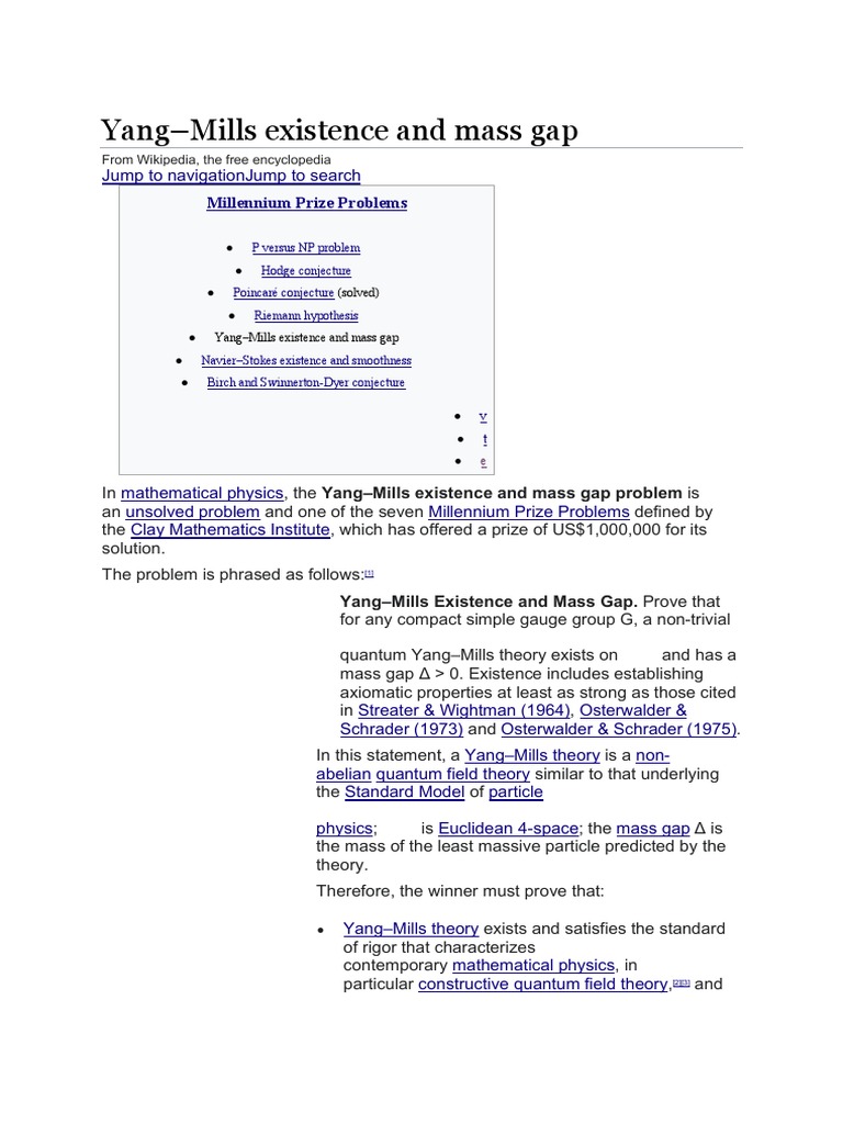 Yang-Mills Existence and Mass Gap: Millennium Prize Problems | PDF ...