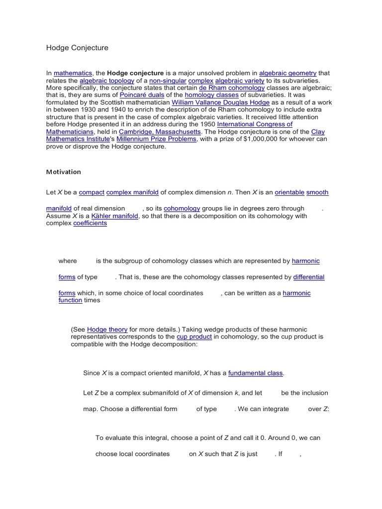 Hodge Conjecture: Motivation | PDF | Geometric Topology | Differential ...