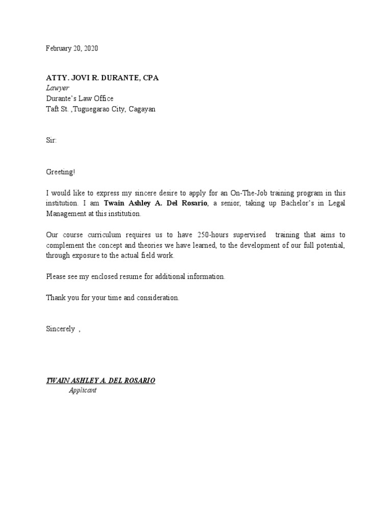 OJT Application Letter for Legal Management | PDF | Law