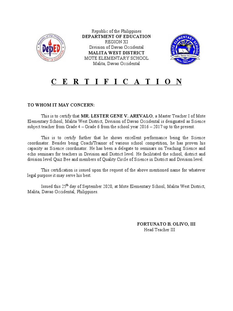 C E R T I F I C A T I O N: Department of Education | PDF