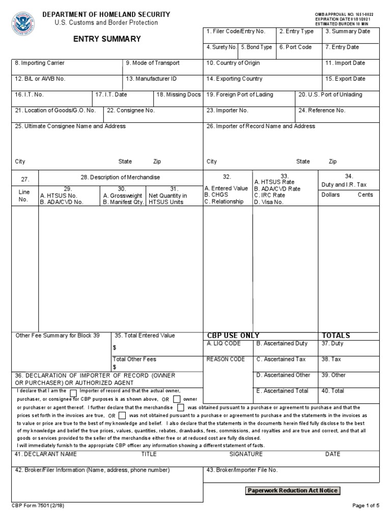 Entry Summary: U.S. Customs and Border Protection | PDF | U.S. Customs ...