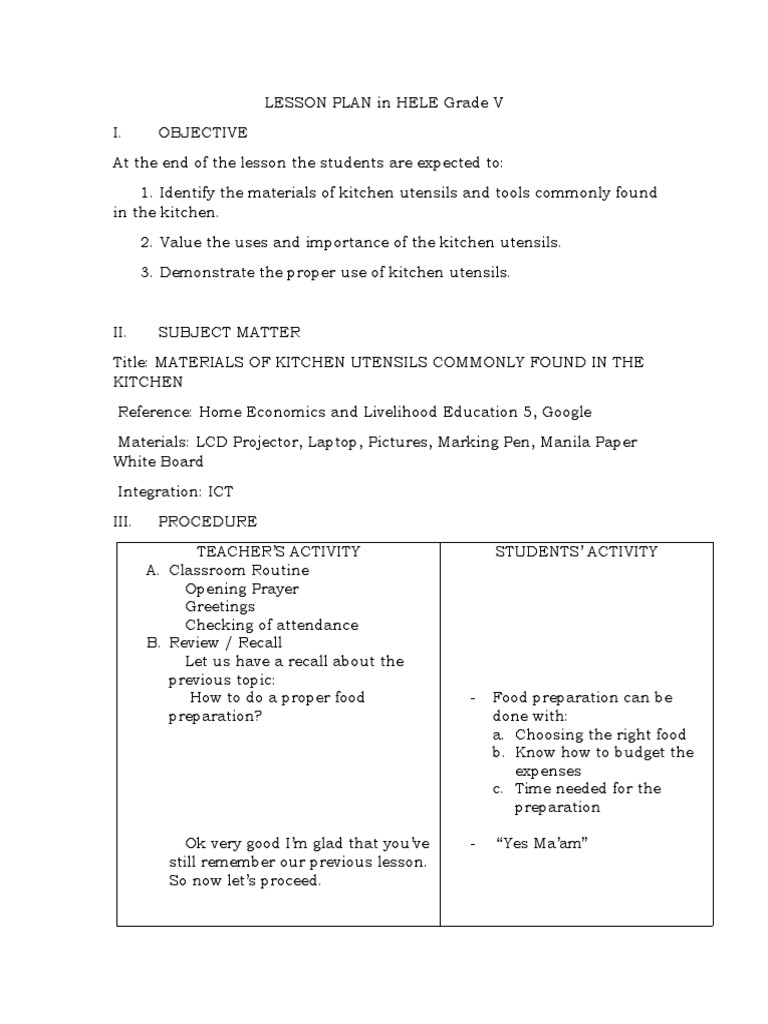 LESSON PLAN in HELE Grade V | PDF | Kitchen Utensil | Cookware And Bakeware