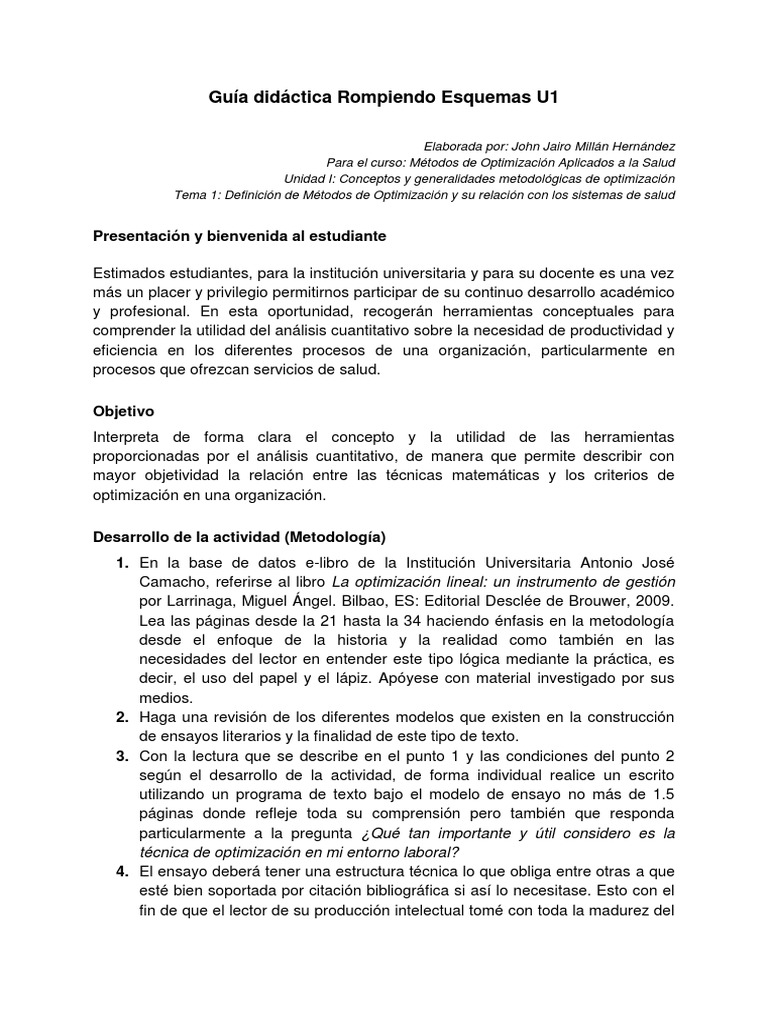 Guía Didáctica Rompiendo Esquemas U1 | PDF | Optimización Matemática | Estadísticas
