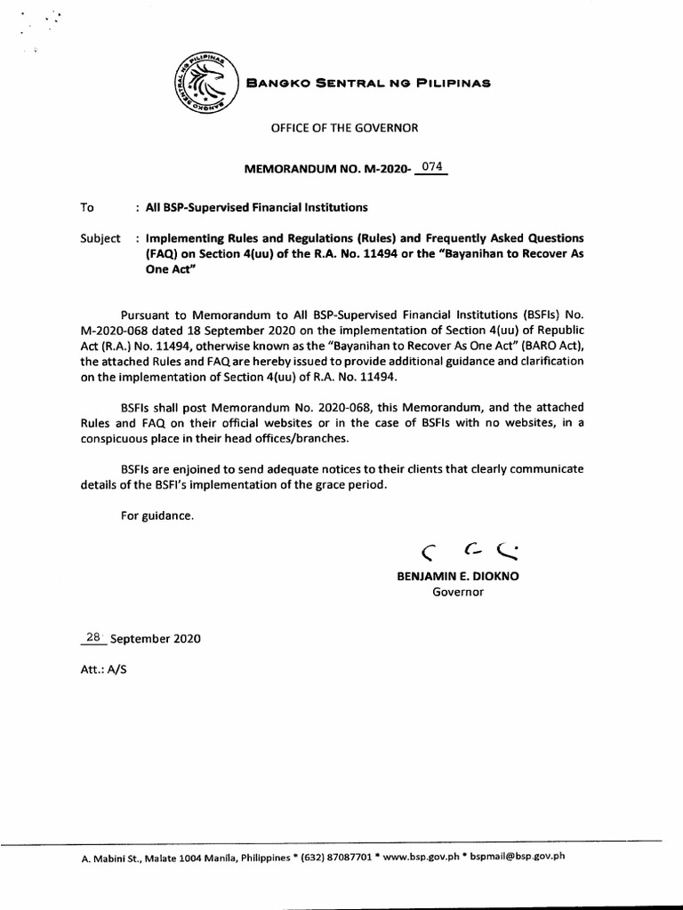 BSP Memorandum No. M-2020-074 | PDF