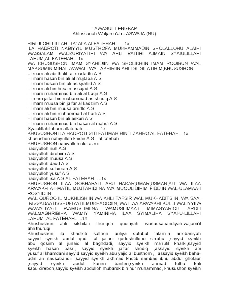TAWASUL LENGKAP Ahlussunah Waljama'ah | PDF | Banu Hashim | Shia Islam