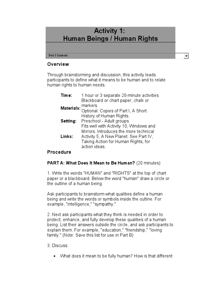 Activity 1: Human Beings / Human Rights: Time: Materials: Setting ...