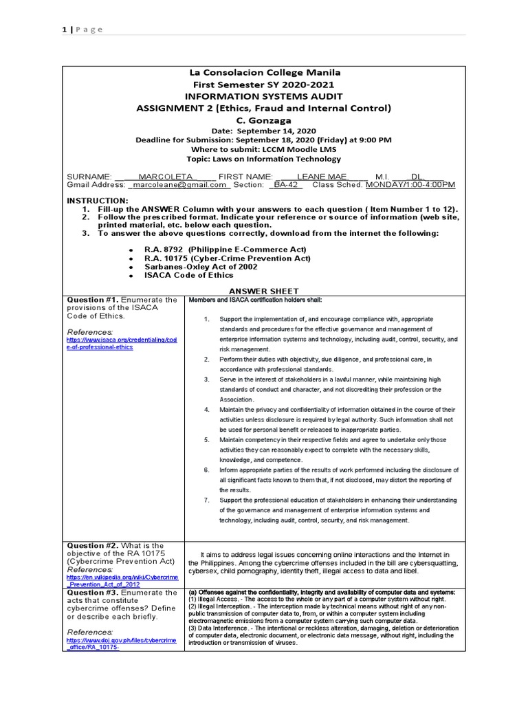 Marcoleta - Leane Mae Dl. - Assignment-2 - Is Audit | PDF | Sarbanes–Oxley Act | Internal Control