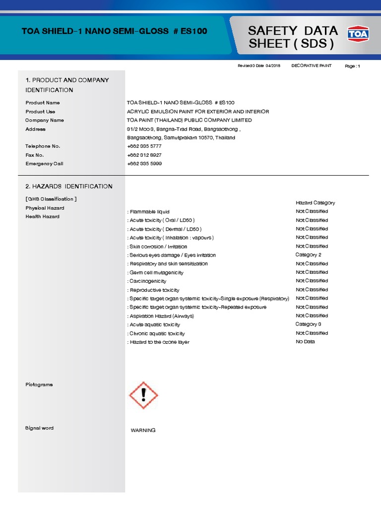 TOA Shield-1 Nano Paint SDS | PDF | Dangerous Goods | Toxicity