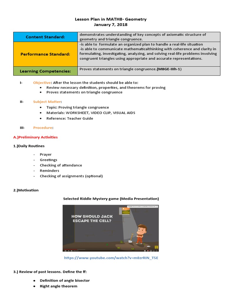 Lesson Plan in MATH8-Geometry January 7, 2018 Content Standard | PDF ...