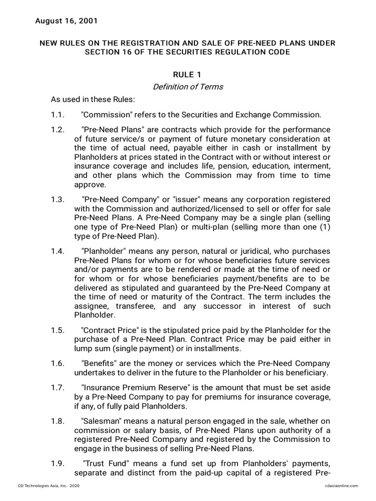 New Rules on the Registration and Sale of Pre-Need Plans Establishing ...