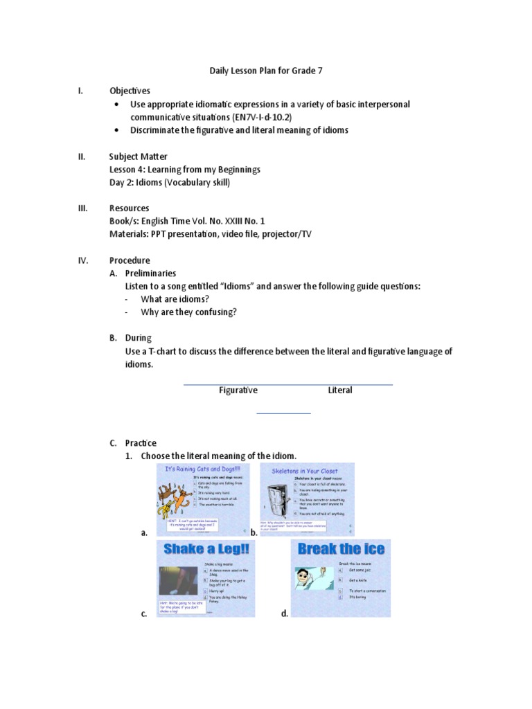 Daily Lesson Plan For Grade 7 | PDF | Idiom | Lesson Plan