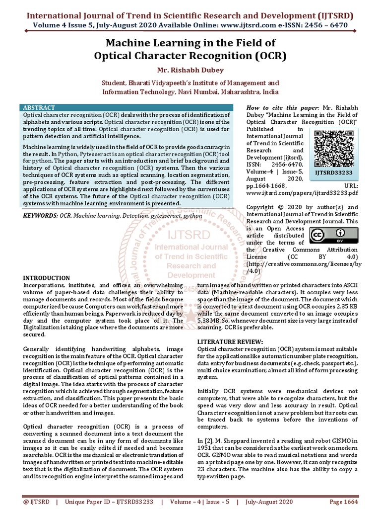 Machine Learning in The Field of Optical Character Recognition OCR ...
