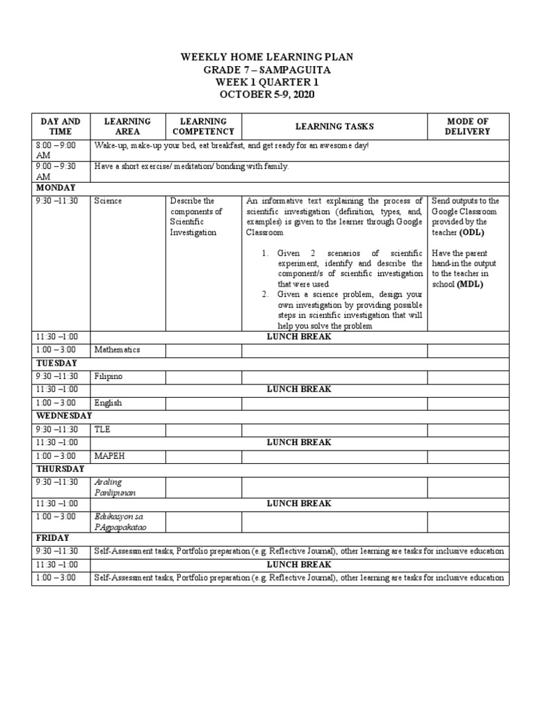 Weekly Home Learning Plan | PDF | Learning | Communication