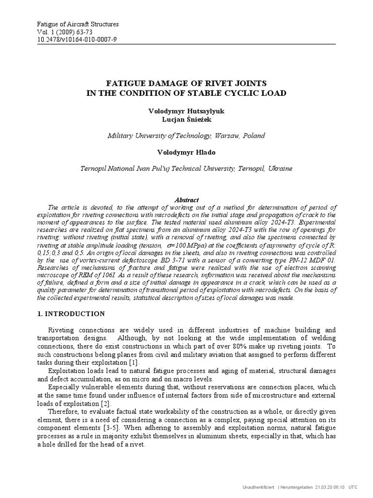 Fatigue Damage in Aircraft Rivet Joints | PDF | Fracture | Fracture ...