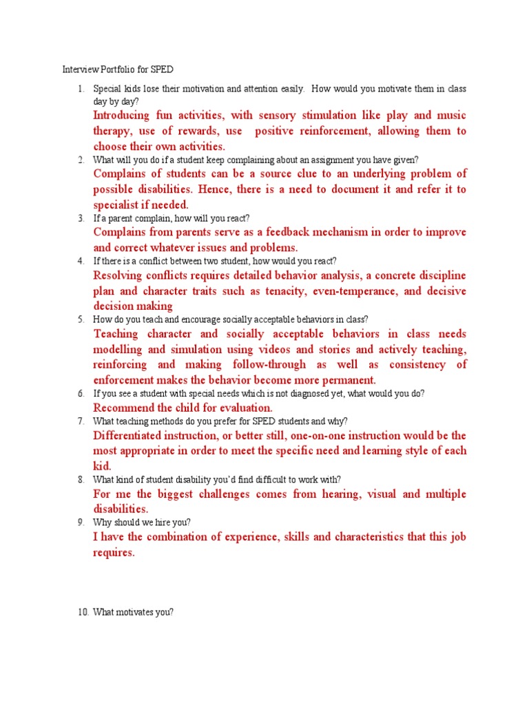Interview Portfolio For SPED Teachers | PDF | Special Education ...