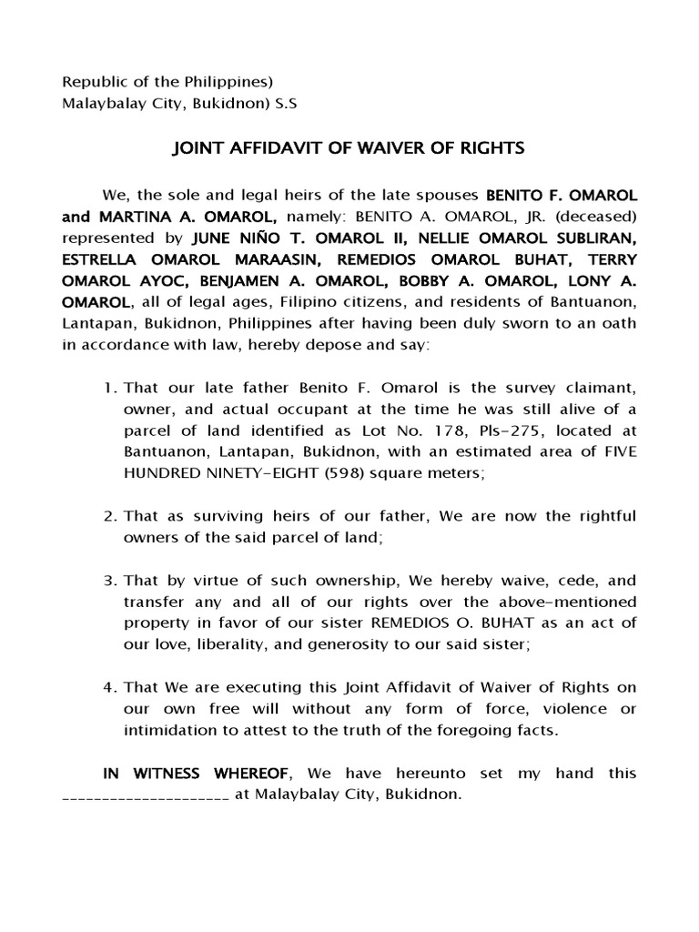 Joint Affidavit of Waiver of Rights | PDF