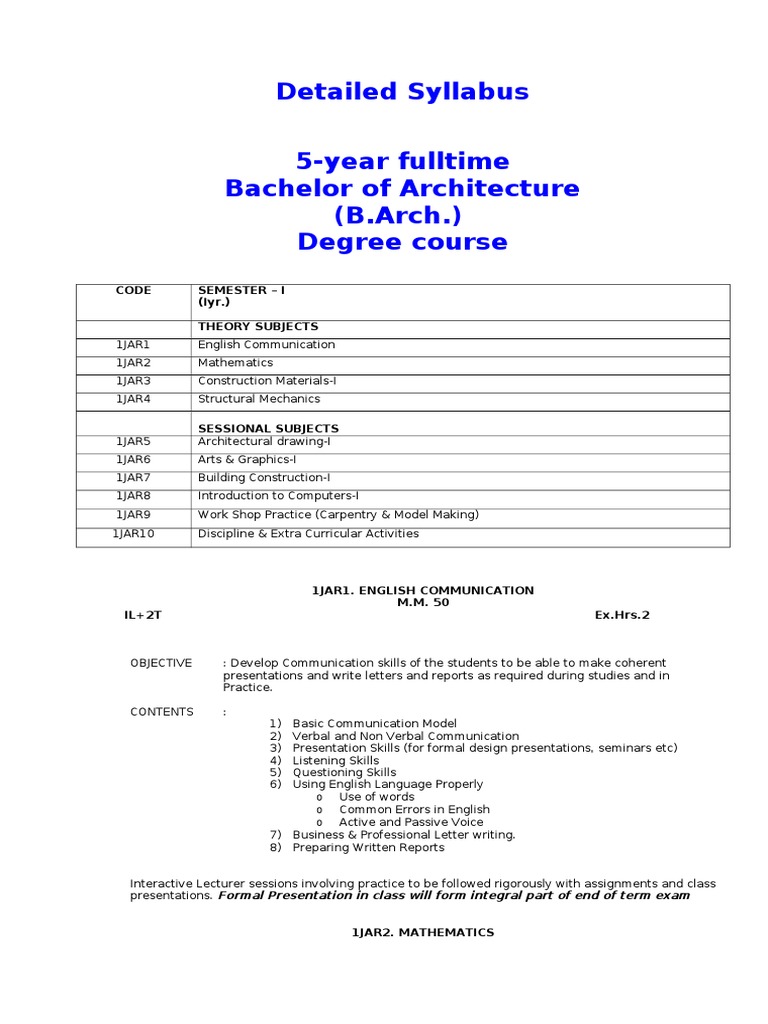Detailed Syllabus 5-Year Fulltime Bachelor of Architecture (B.Arch ...