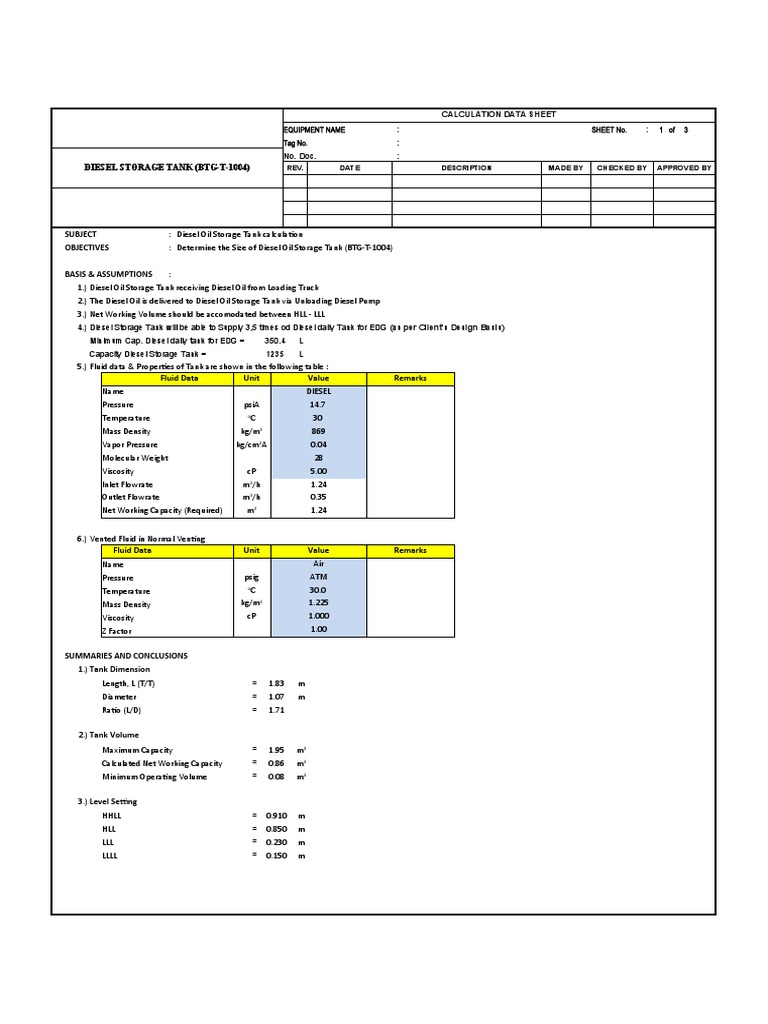 Calculation of Tank Dimensions and Volumetric Capacities for a Diesel ...