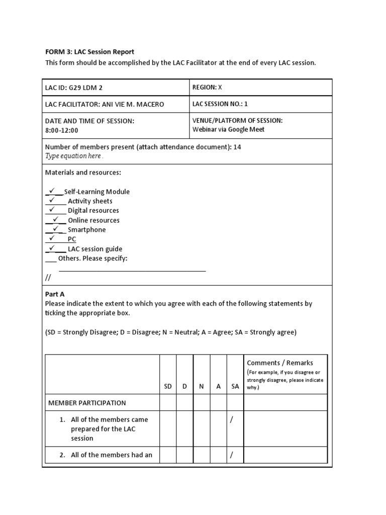 FORM 3: LAC Session Report: Type Equation Here | PDF | Facilitator ...