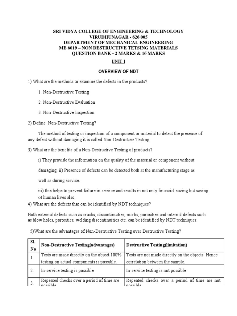 Unit I Overview of NDT | PDF | Nondestructive Testing | Casting ...