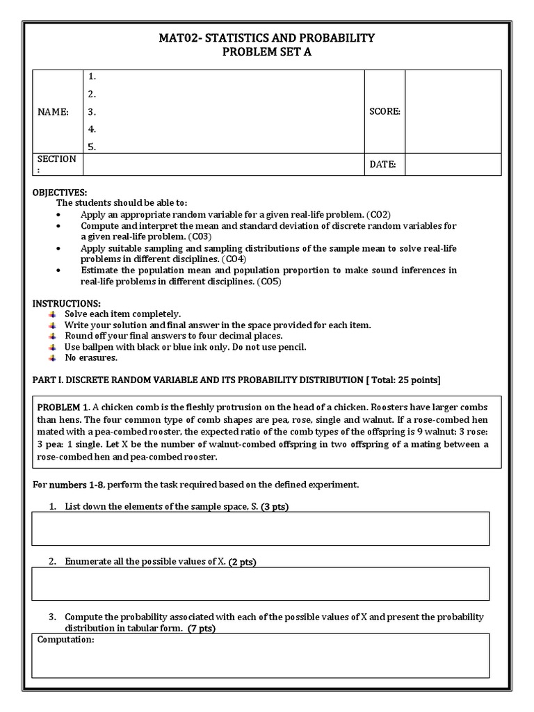 Mat02-Statistics and Probability Problem Set A | PDF | Probability Distribution | Mean