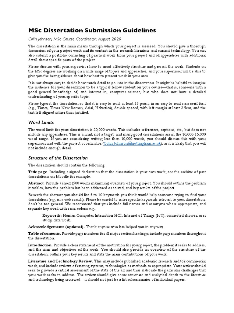 MSC Dissertation Submission Guidelines: Colin Johnson, MSC Course ...