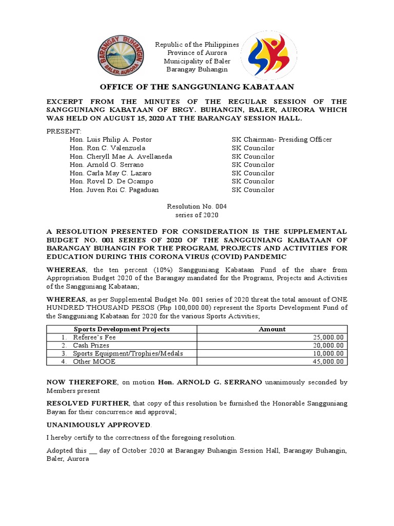 SK Supplemental Budget Resolution 2020 | PDF | Philippines | Government