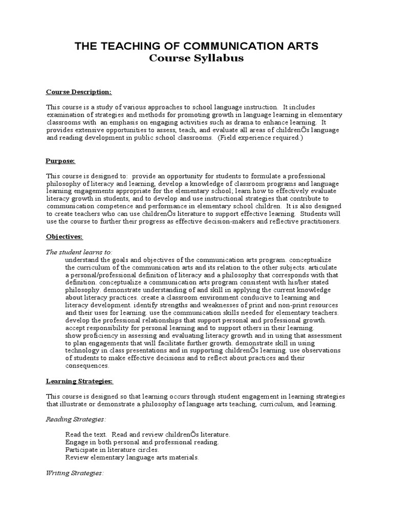 The Teaching of Communication Arts Syllabus | PDF | Literacy | Teachers