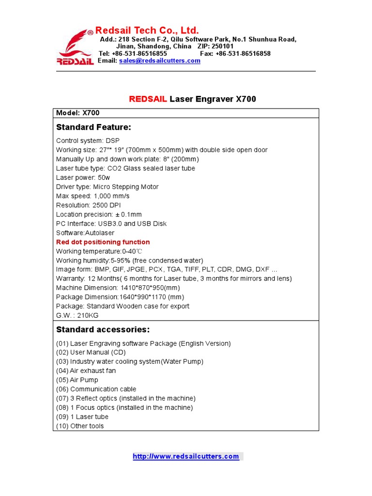 Redsail Tech Co., LTD.: Laser Engraver X700 Standard Feature | PDF