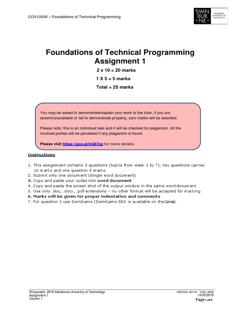 COS10008 Assignment1 TP1 19 PDF | PDF | Algorithms | Computer Programming