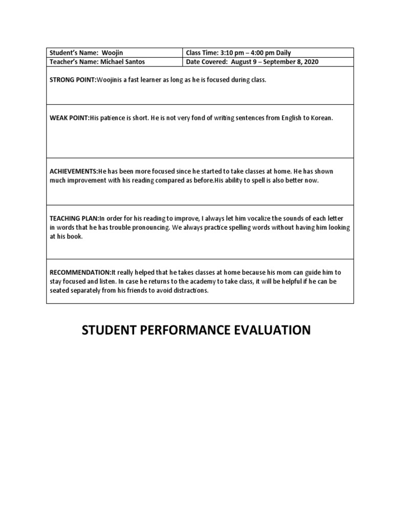 Student Performance Evaluation | PDF | Reading Comprehension | English ...